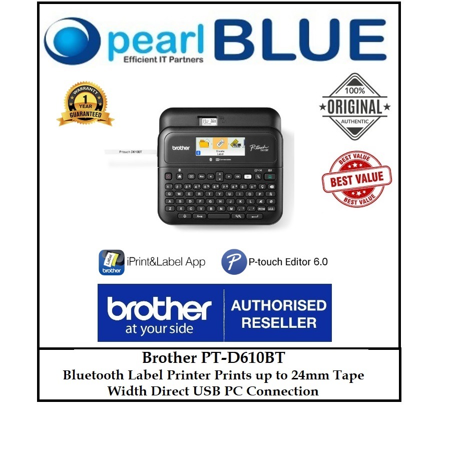 Brother PT-D610BT PTD610 D610 Desktop Bluetooth and PC Connectable Label Printer with Colour LCD ...