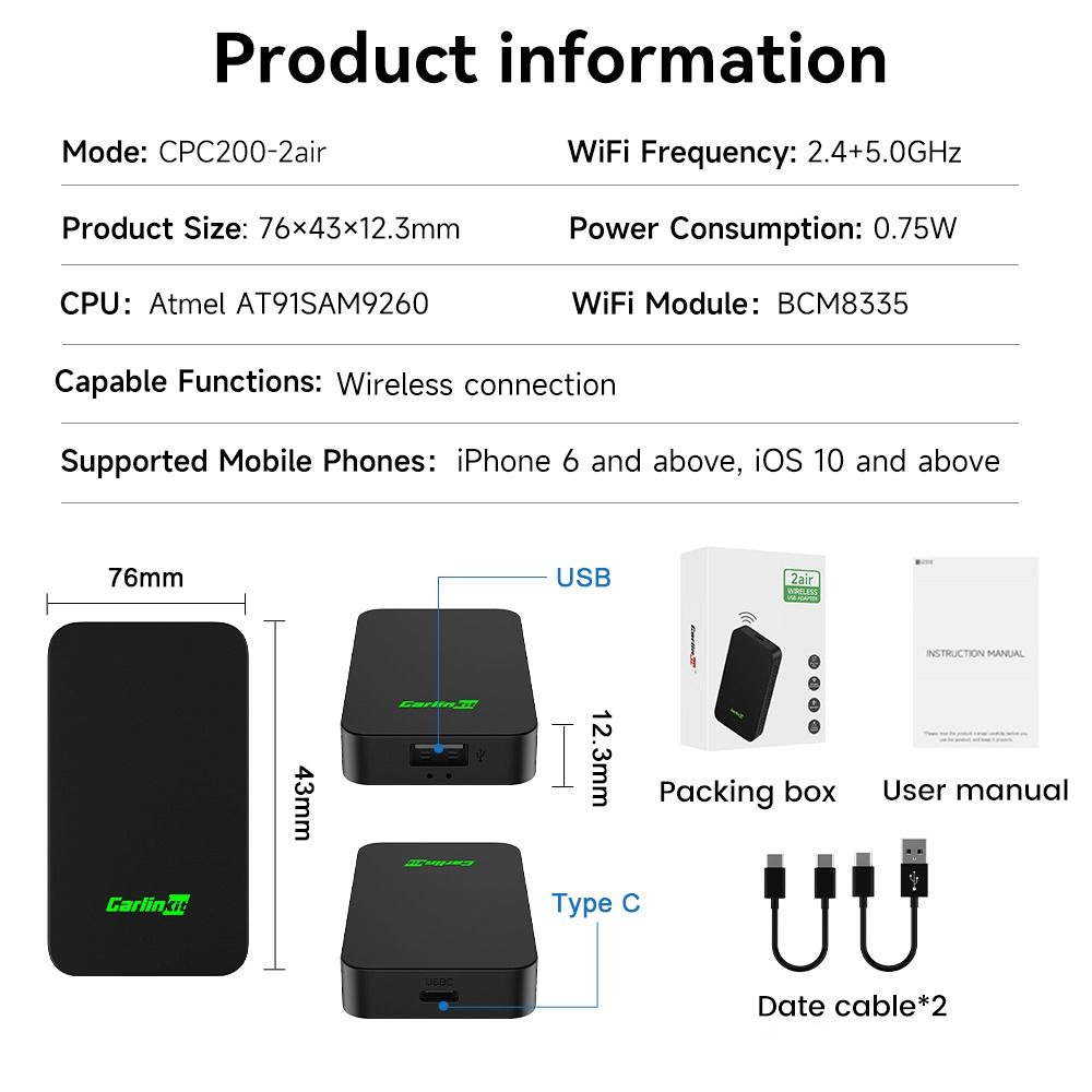 CarlinKit 5.0 New Arrival 2-in-1 dual functions Turn wired Apple CarPlay into Wireless CarPlay ...