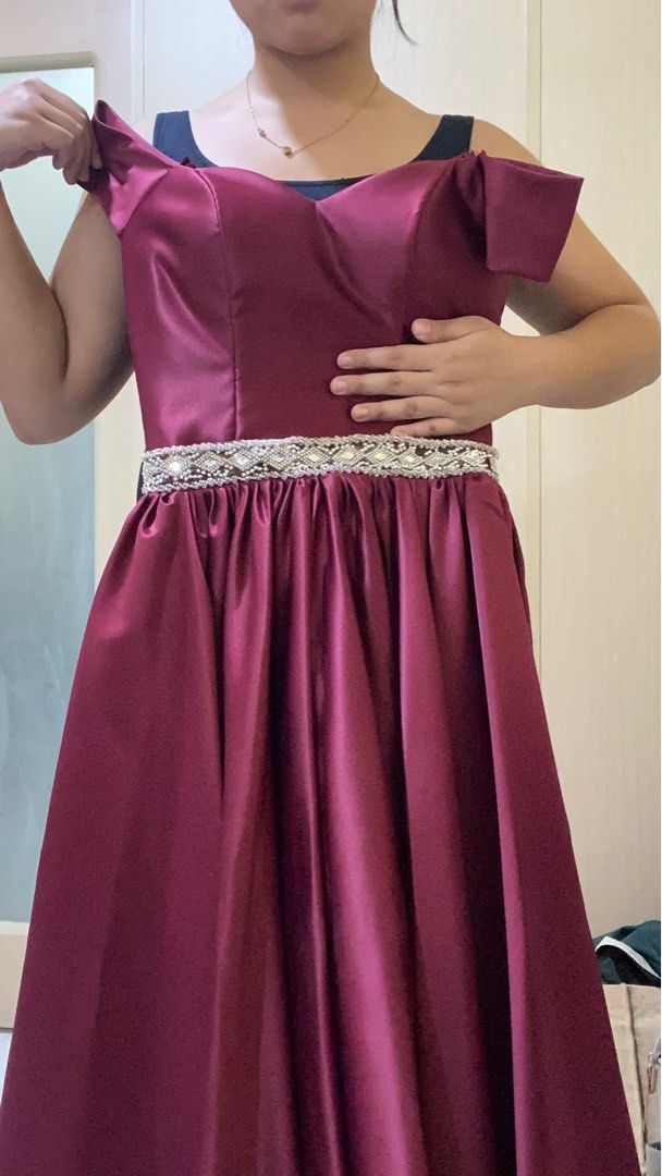 Color Blood Red Long Gown Prom Dress Jewel Belt Detail, Women's Fashion ...