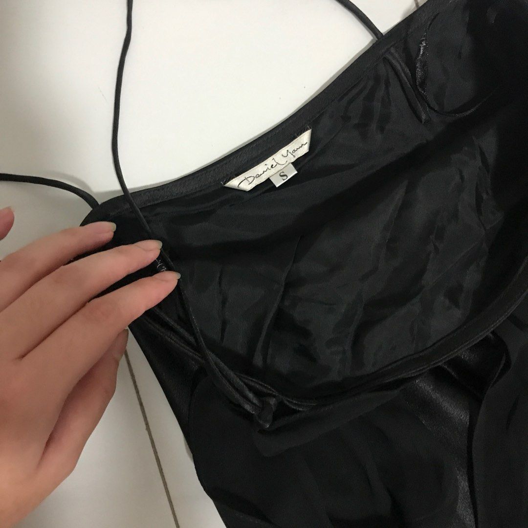 Daniel yam black silky satin asymmetrical toga gown with chiffon ...