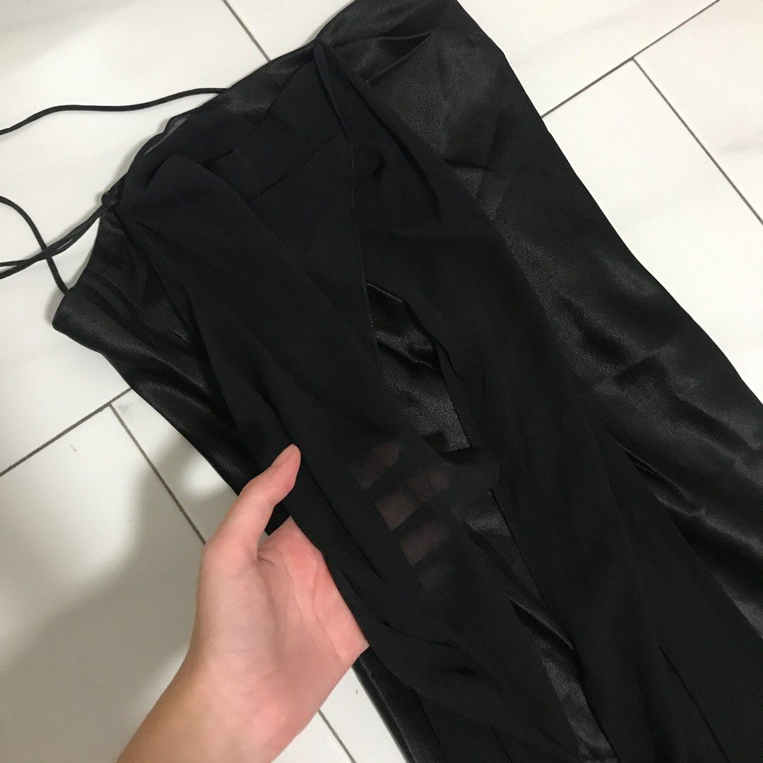 Daniel yam black silky satin asymmetrical toga gown with chiffon ...