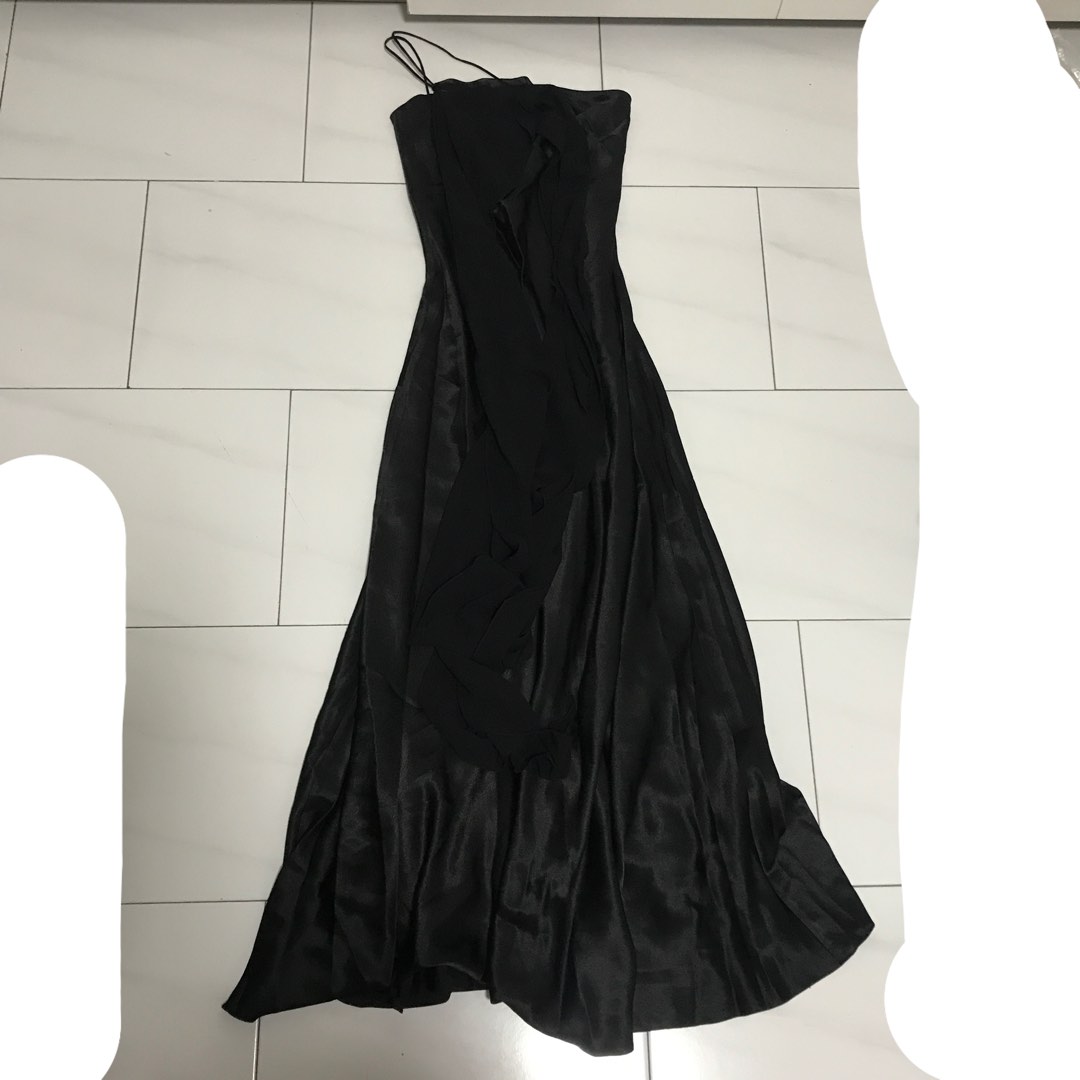 Daniel yam black silky satin asymmetrical toga gown with chiffon ...