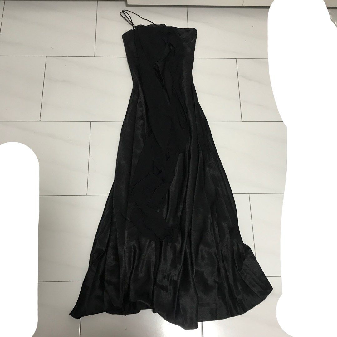 Daniel yam black silky satin asymmetrical toga gown with chiffon ...