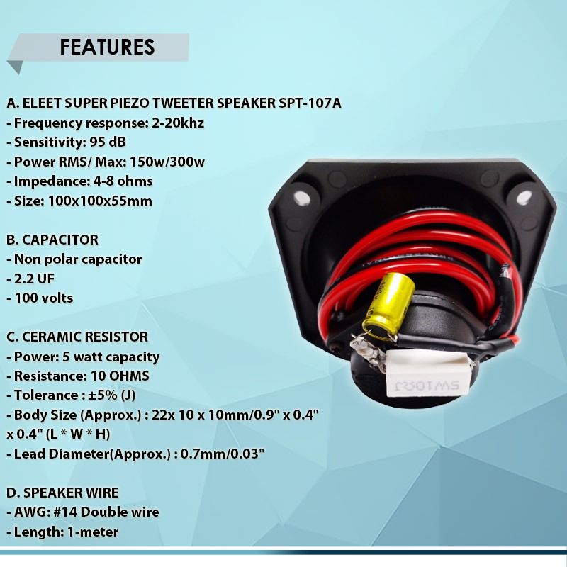ELEET SUPER PIEZO TWEETER SPEAKER SPT-107A, 2.2uF CAPACITOR and 5w 10Ω ...