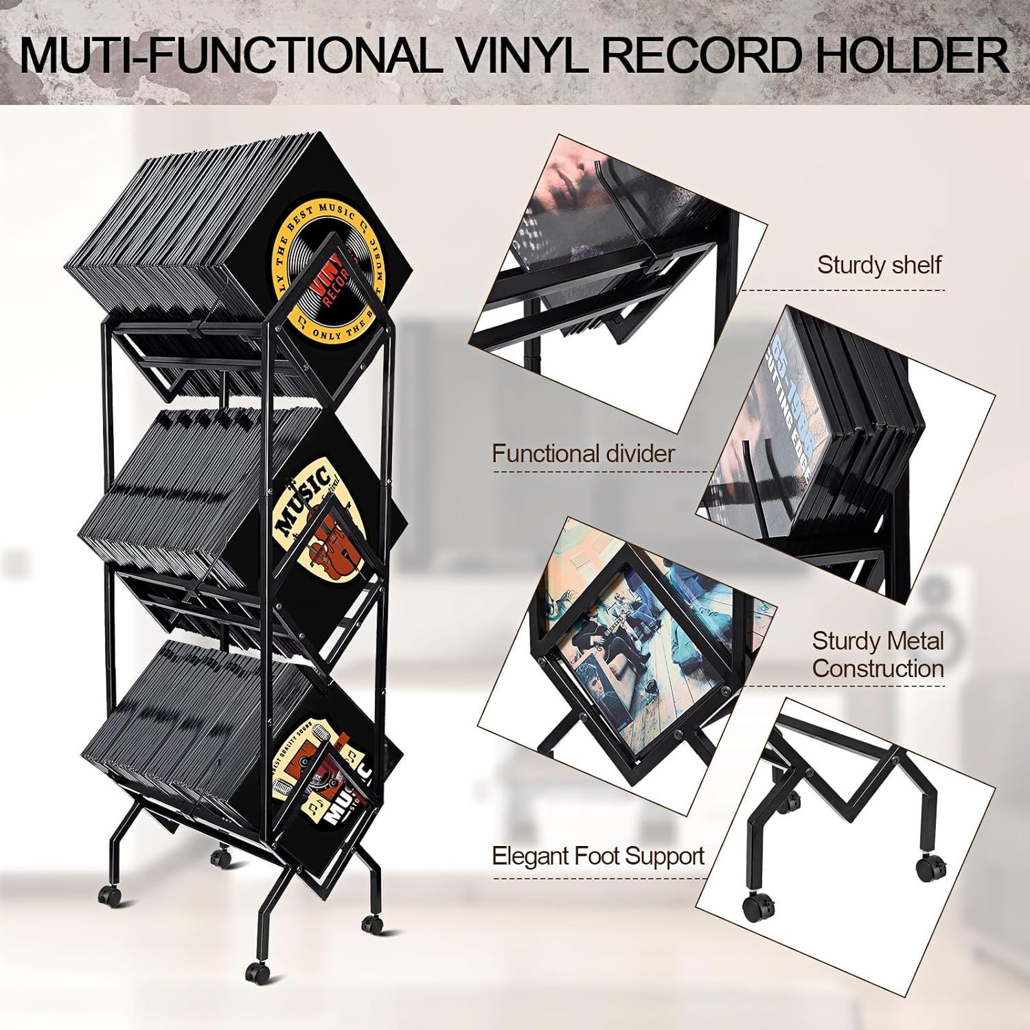 Kigley 3 Tier LP Storage Shelf Black Vinyl Record Storage Rack with ...