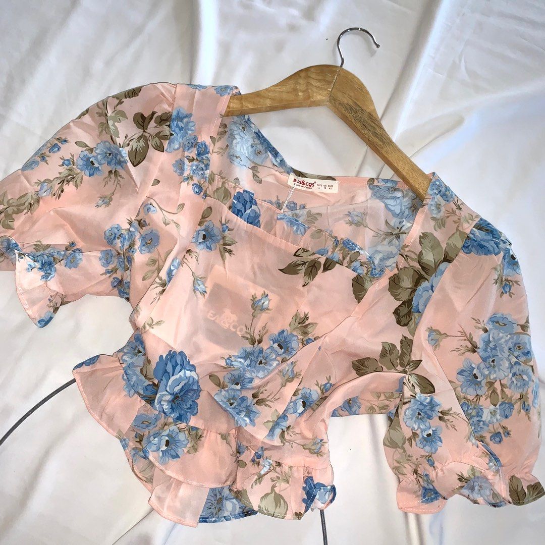Milkmaid Pink Floral Puff Sleeve Croptop/ Dainty Top/ Coquette/ Dollete ...