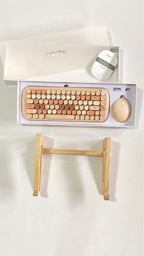 mofii wireless brown y2k keyboard and mouse set, wood laptop stand ...