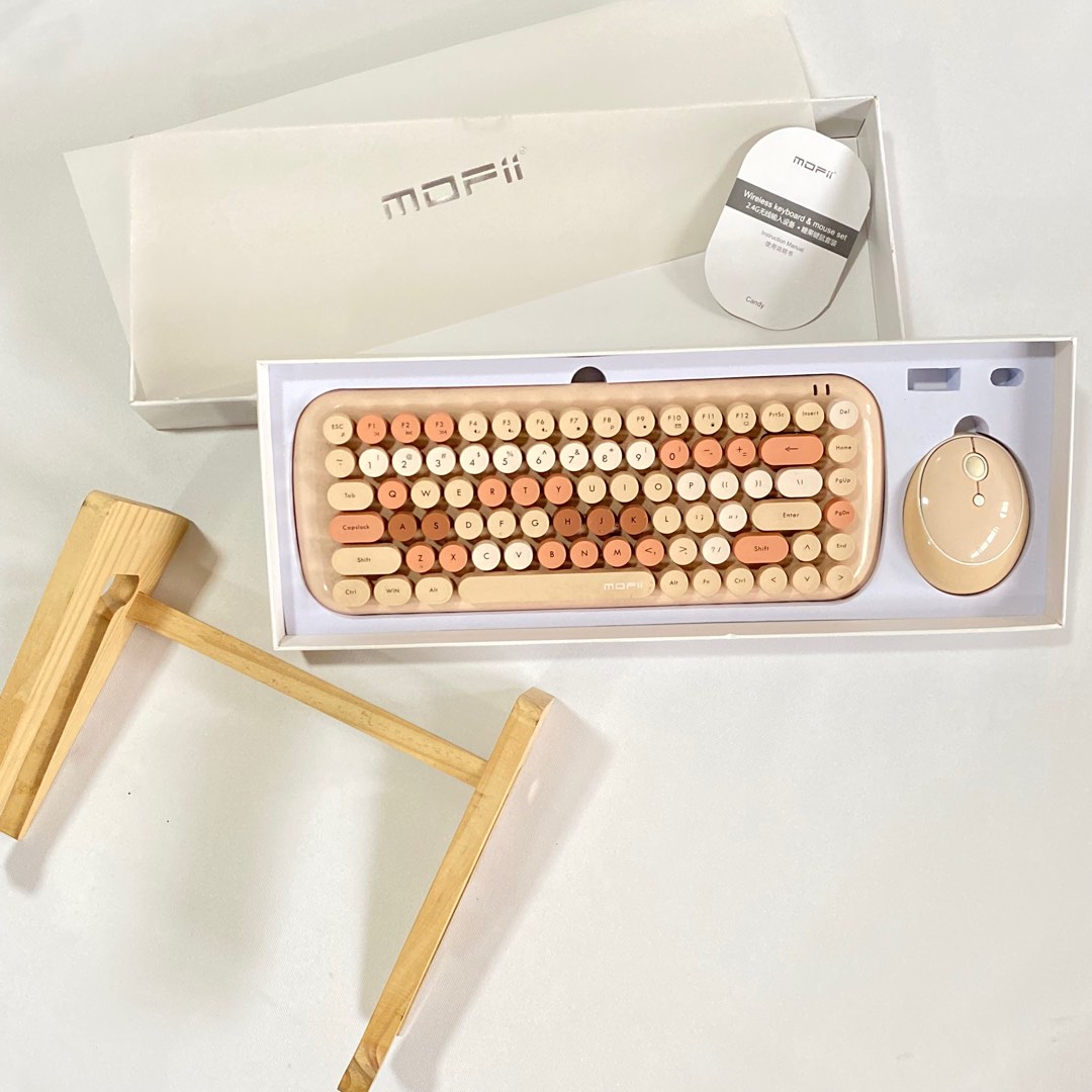 mofii wireless brown y2k keyboard and mouse set, wood laptop stand ...