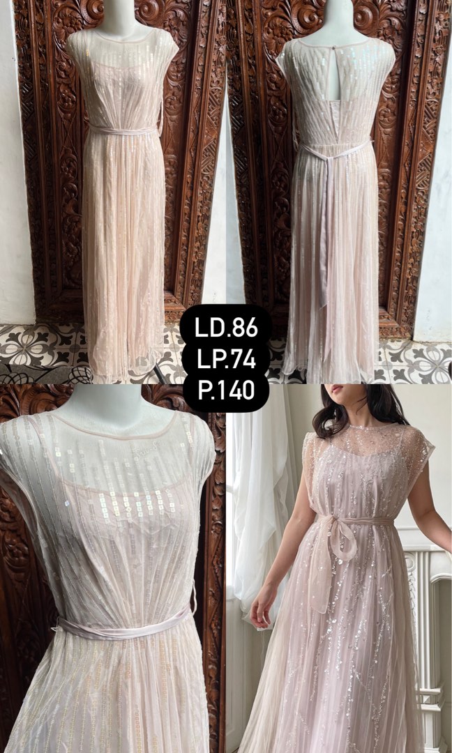 Sheer longdress tulle payet evening gown gaun pesta, Fesyen Wanita ...