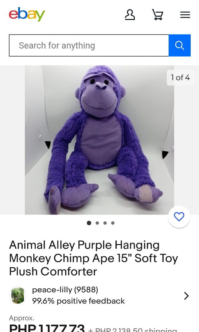 VERY CUTE ANIMAL ALLEY PURPLE HANGING CHIMP MONKEY PLUSH TOY (VELCRO ...