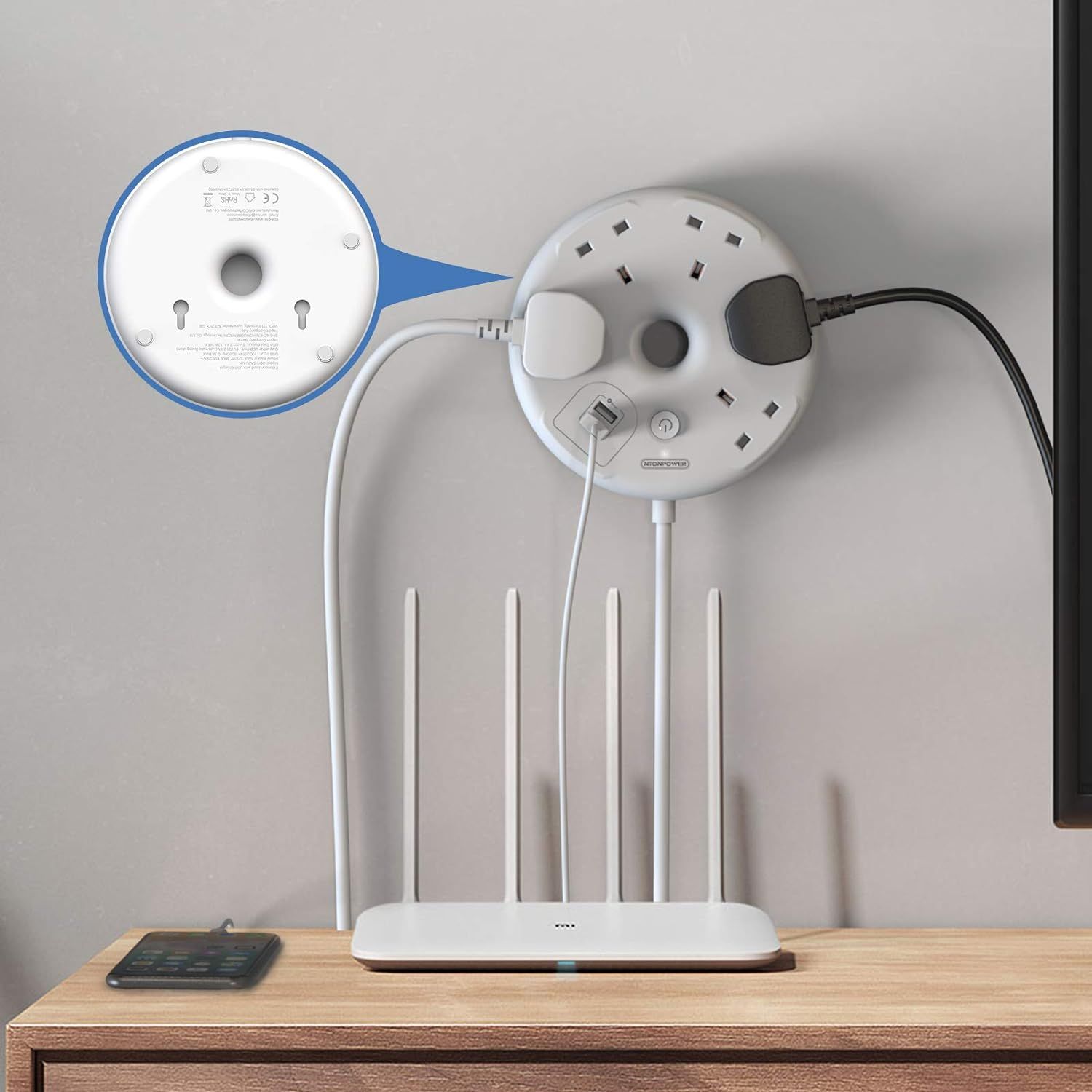 Wall Mounted USB Power Strip with Switch, NTONPOWER Extension Lead with ...