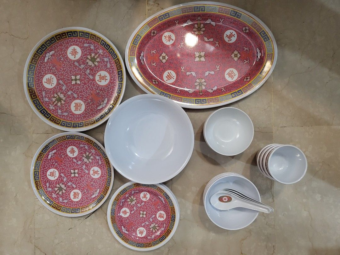 26-pc Chinese Mun Shou Longevity Dining set (Melamine), Furniture ...