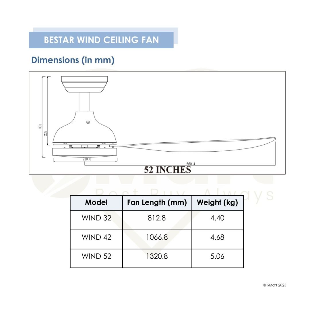Bestar Wind 32 42 52 Inch DC Motor Ceiling Fan *PM for INSTALLATION ...