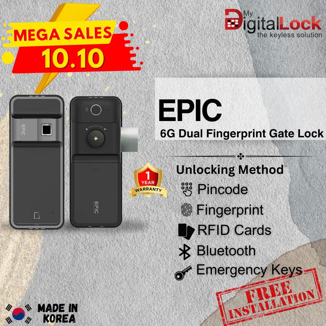 [FREE INSTALLATION] Epic 6G Pro Gate Digital Lock (Dual Fingerprint ...