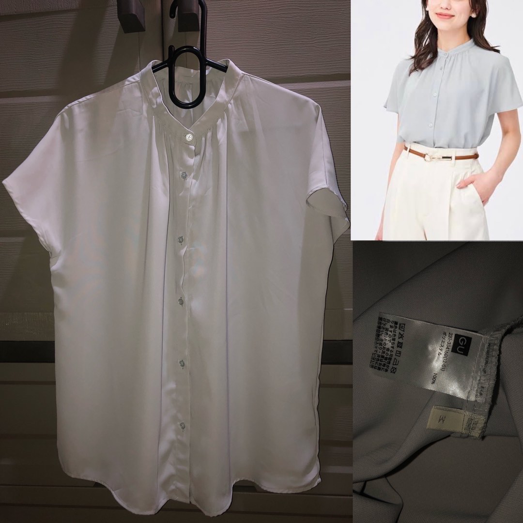 GU by UNIQLO Drape Band Collar Short sleeve Top, Women's Fashion, Tops ...