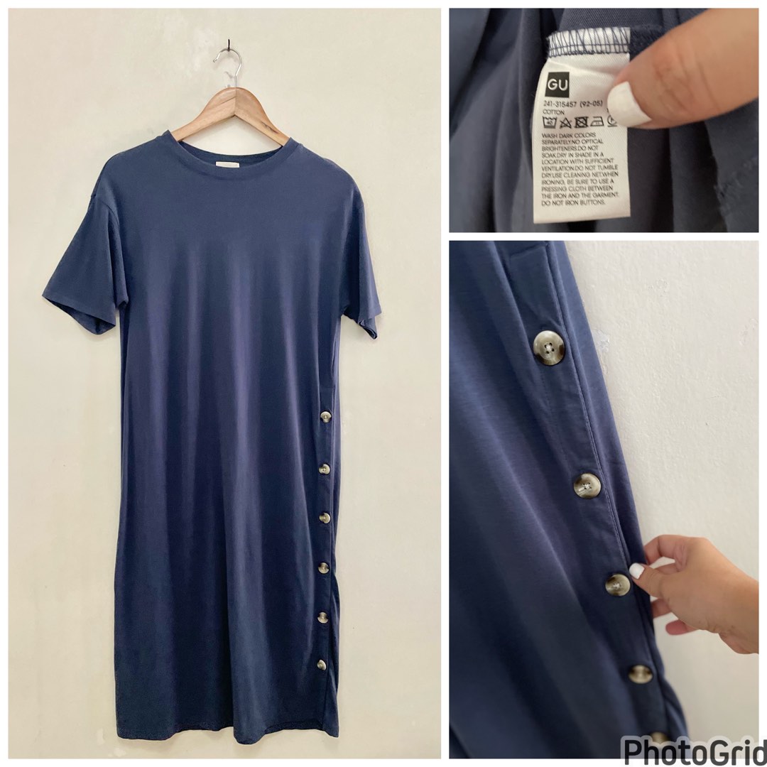 Gu navy blue side buttons crew neck midi dress, Women's Fashion, Dresses & Sets, Dresses on ...
