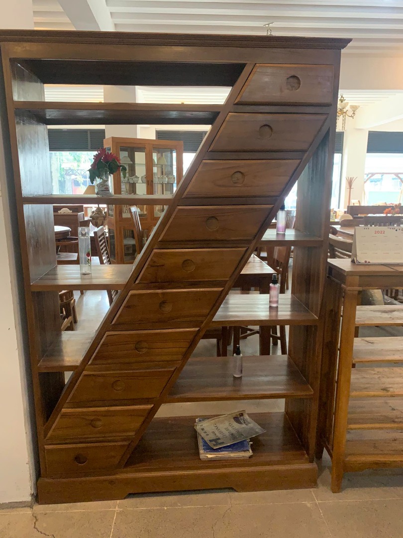Handcrafted Solid Teak Wood Diagonal Divider with Shelves and Cabinet ...