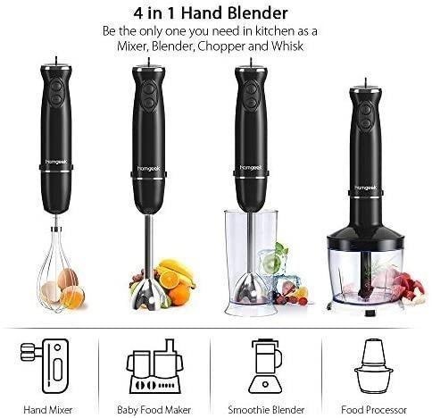 Homgeek Hand Blender, 800W 6-Speed 4-in-1 Stick Blender Set with Turbo ...