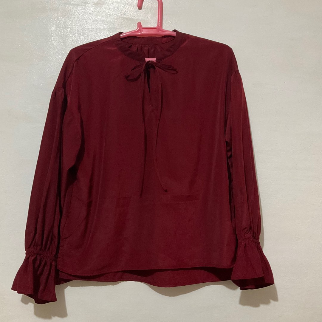 [Japan] Maroon Longsleeves w/ Ribbon Front Detail, Women's Fashion ...