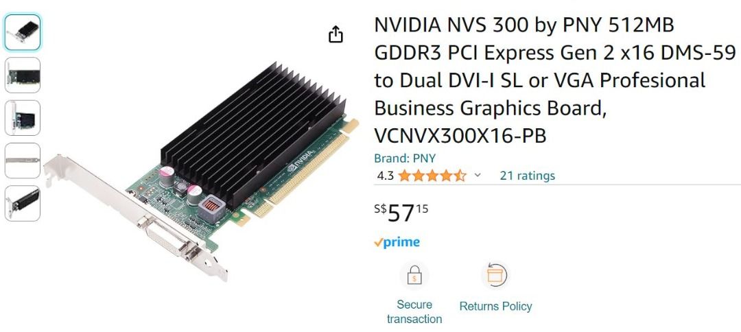 NVIDIA NVS 300 512MB GDDR3 PCI-E Gen 2 x16 DMS-59 to Dual DVI-I SL or ...