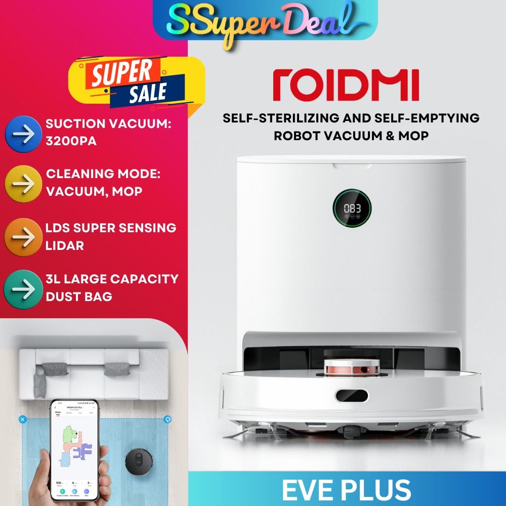 Roidmi Robot Vacuum and Mop Cleaner Eve Plus with Clean Base Smart Dust ...