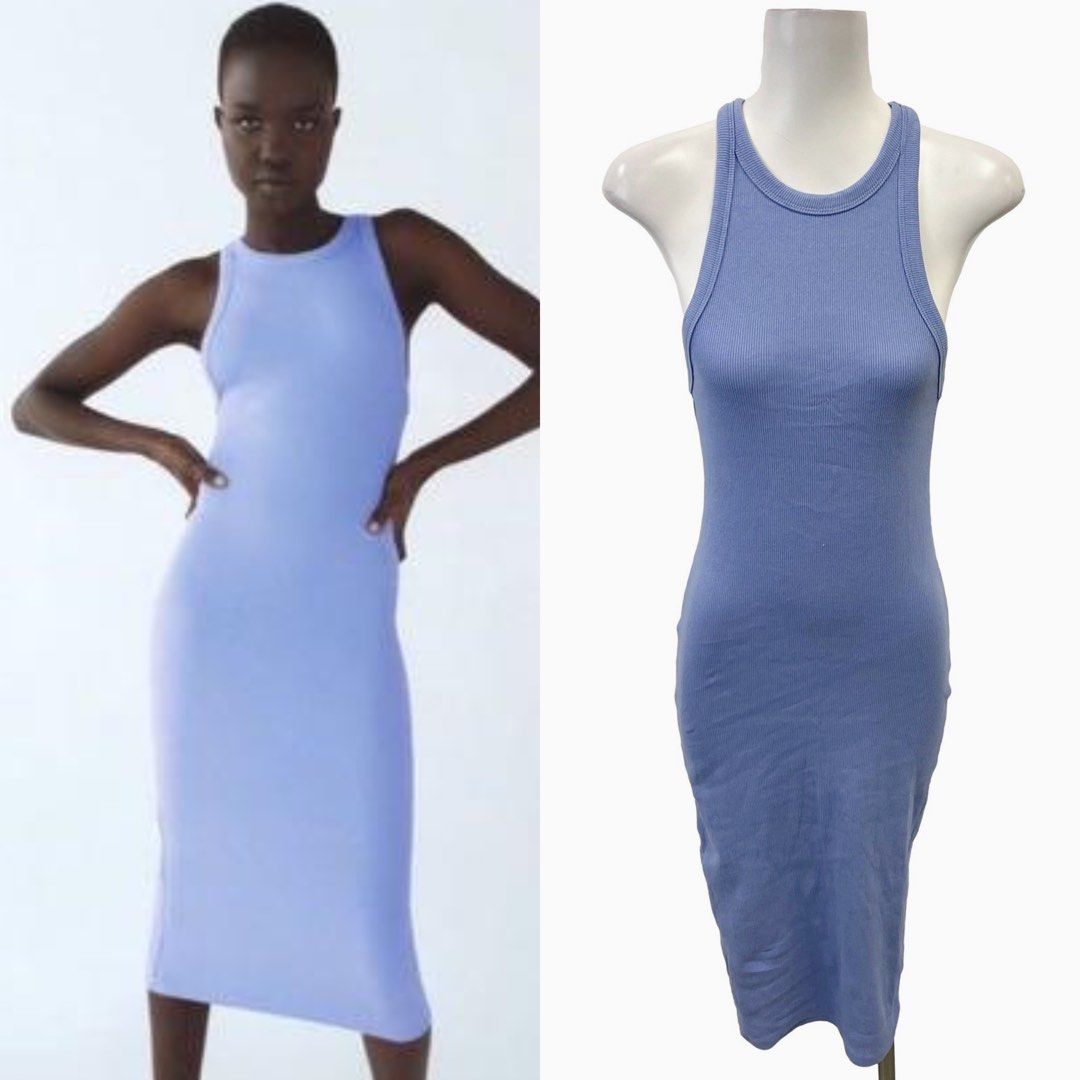 (S) Zara Ribbed Halter Neck Jersey Bodycon Midi Dress in Baby Blue ...