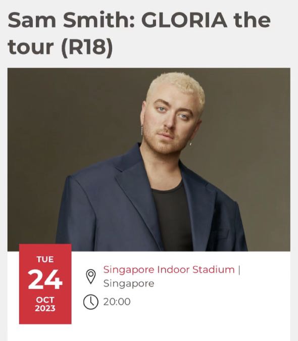 Sam Smith Singapore concert ticket, Tickets & Vouchers, Event Tickets ...