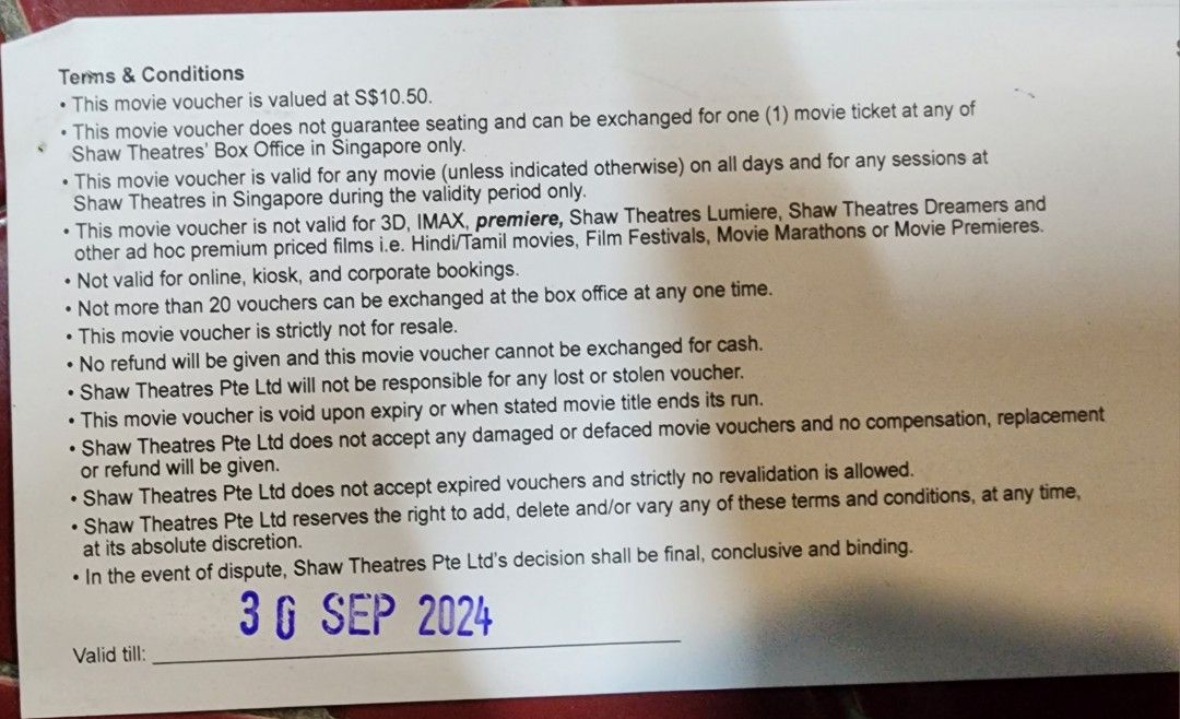 Shaw Theatres Physical Movie Voucher (valid till 30 Sep 2024), Tickets ...