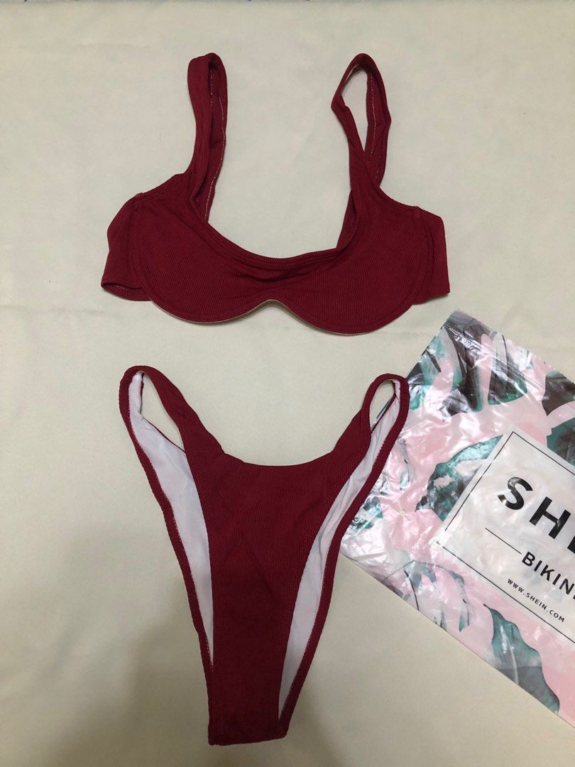 SHEIN Maroon Red Wine Red Underwired Two piece Bikini Swimsuit, Women's ...