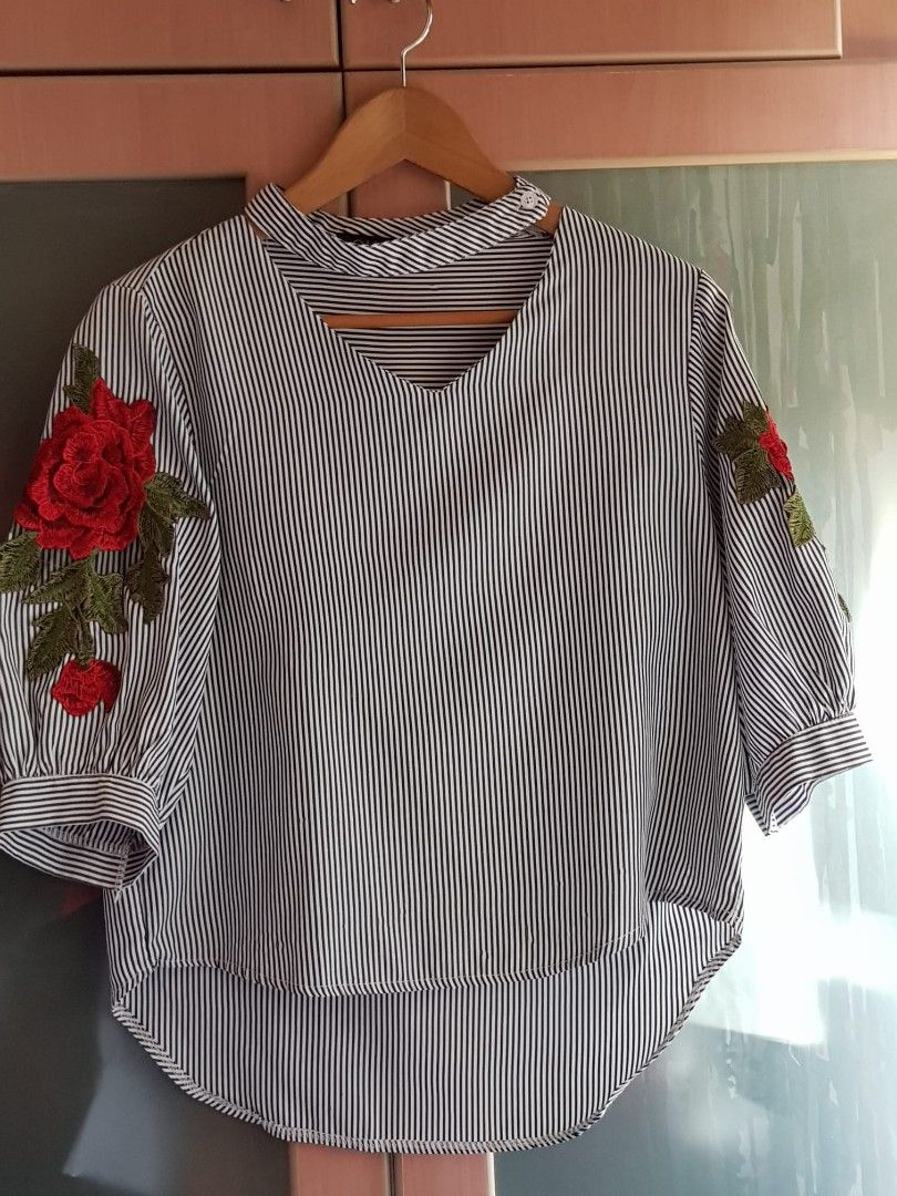 Striped blouse with rose patterns, Women's Fashion, Tops, Blouses on ...