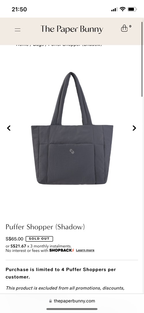 The Paper Bunny Puffer Shopper Shadow, Women's Fashion, Bags & Wallets, Tote Bags on Carousell