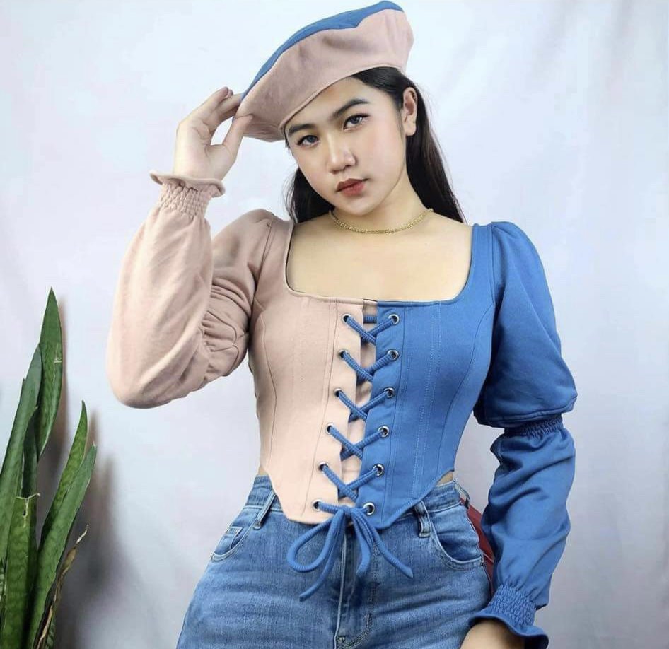 Two tone reworked corset long sleeves with beret, Women's Fashion, Tops ...