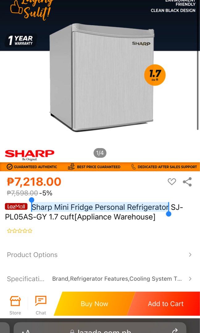 Used Sharp Mini Fridge 1.7 cuft, TV & Home Appliances, Kitchen ...