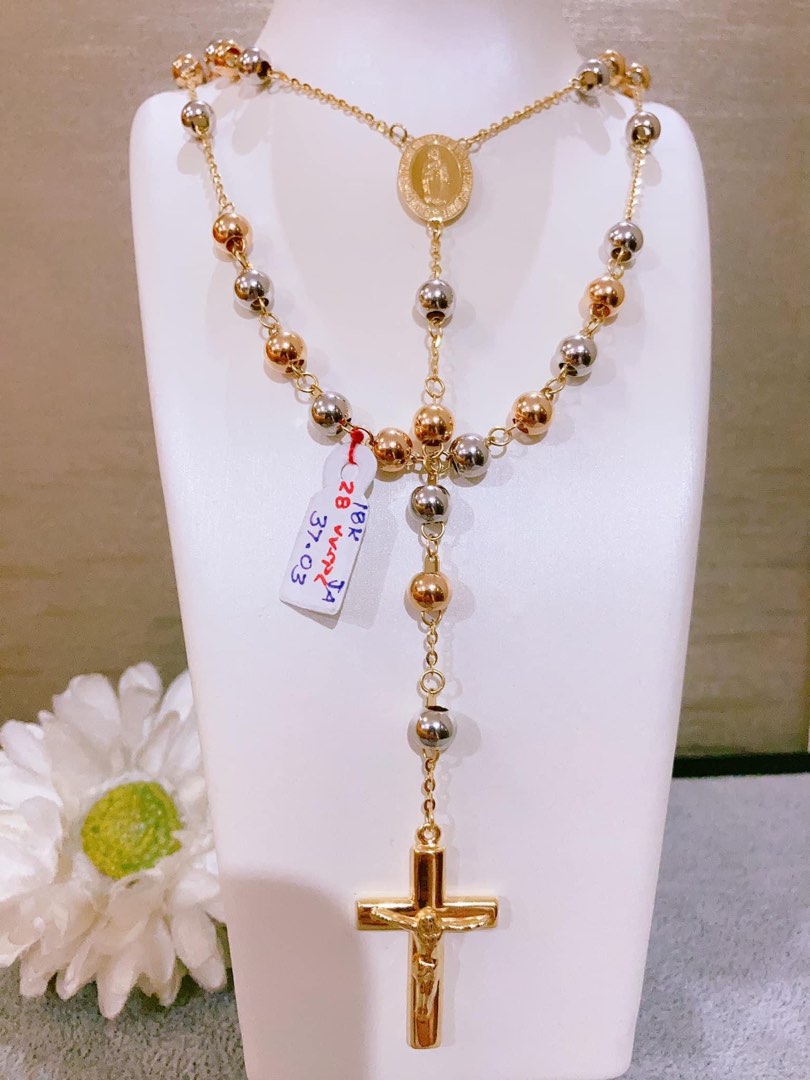 18k Gold tri color rosary necklace 28" on Carousell