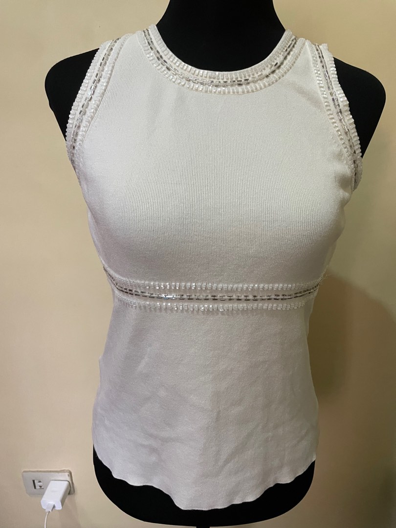 Cream sequence sleeveless top, Women's Fashion, Tops, Sleeveless on ...