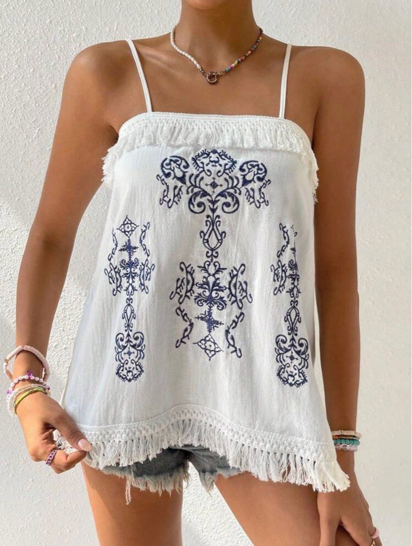 Embroidery fringe Cami top, Women's Fashion, Tops, Sleeveless on Carousell
