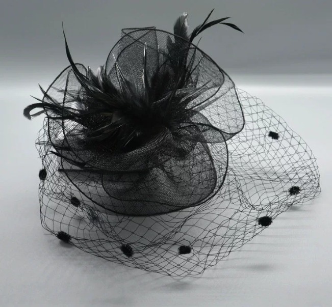 Fascinator Hat with feather, mesh face veil / netting available in 3 ...