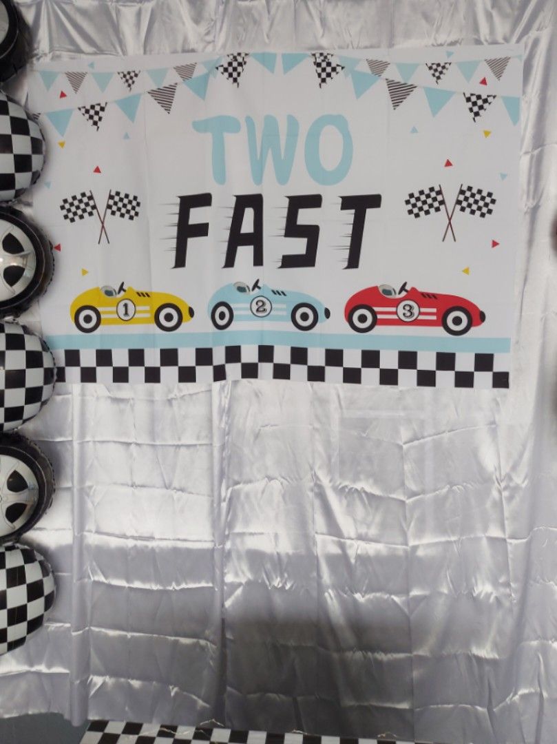 Racing car Two fast birthday part background, Hobbies & Toys ...