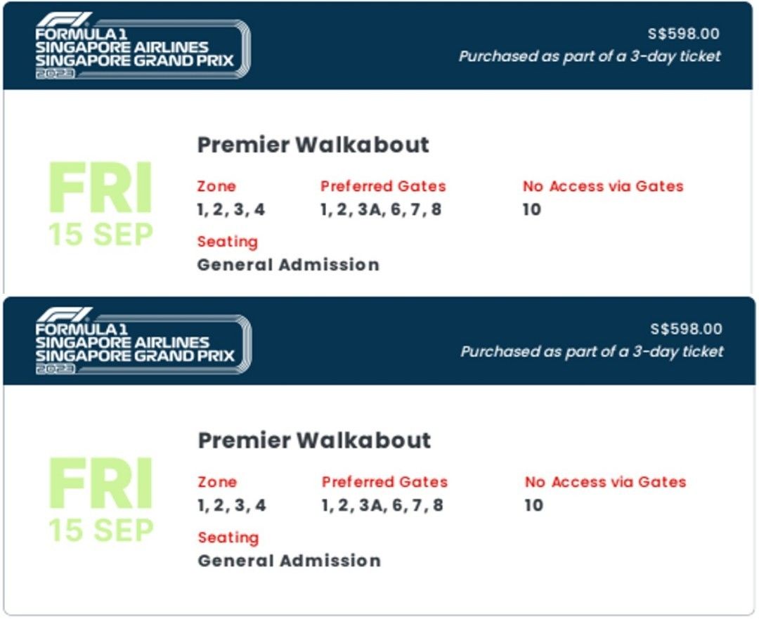 Singapore F1 Premier Walkabout ticket (15 Sep Fri), Tickets & Vouchers ...