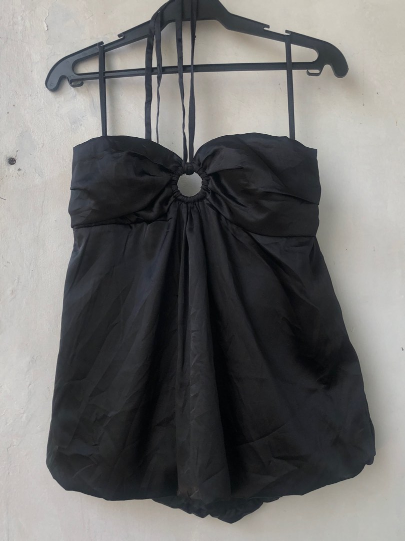 Black Satin Balloon Tube Sexy Halter Top, Women's Fashion, Tops ...