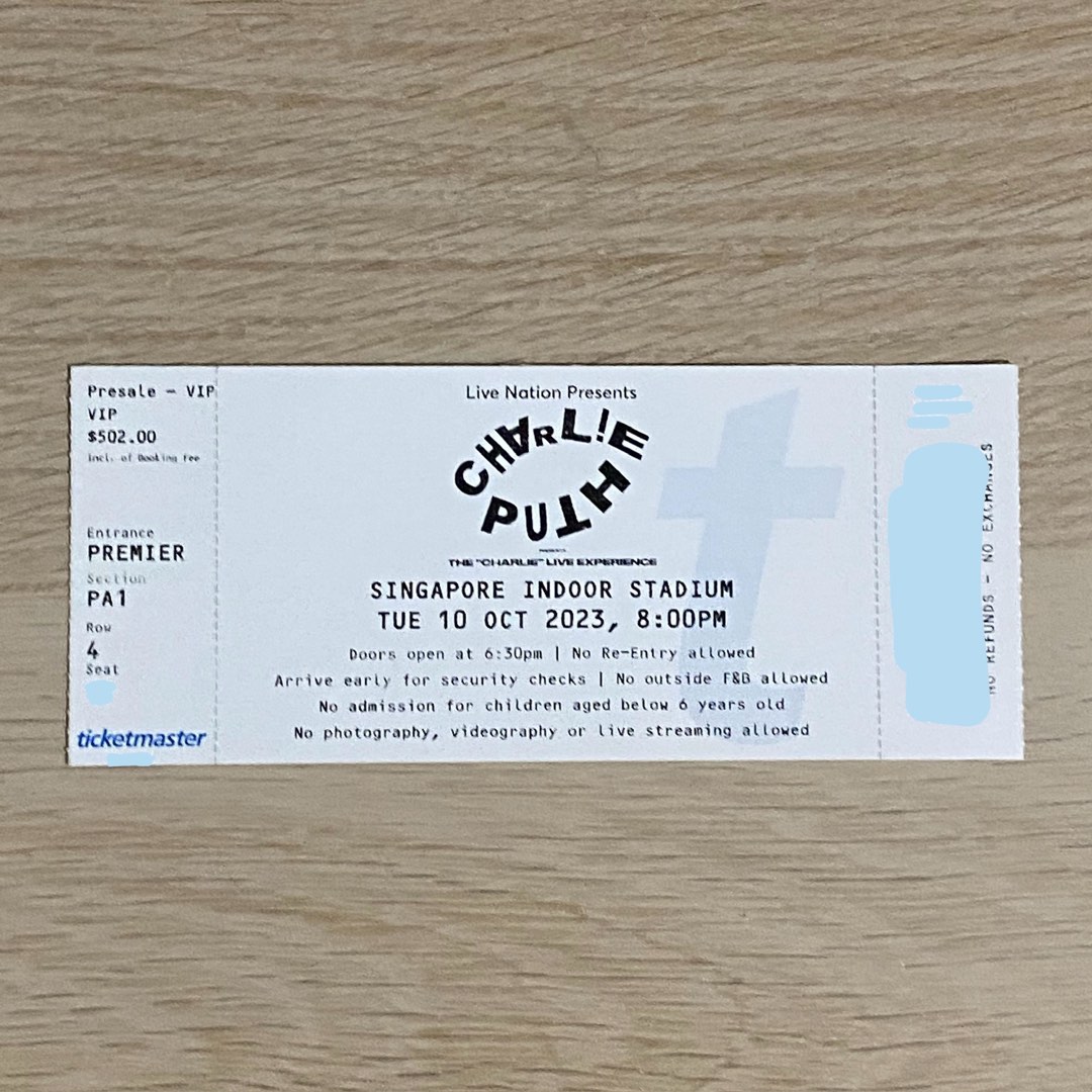 URGENT WTS/LFB Charlie Puth VIP PA1 Ticket Charlie In My Head, Tickets ...