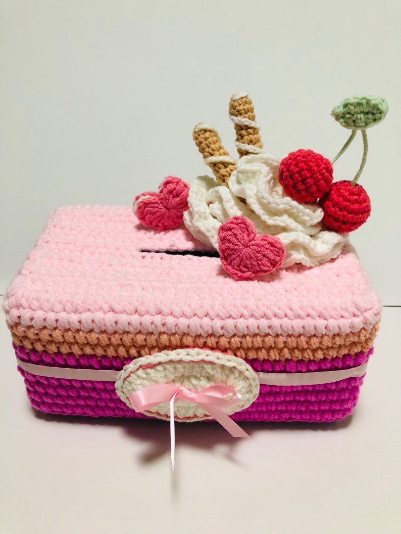 Cherry cake crochet tissue box cover, Furniture & Home Living, Home ...