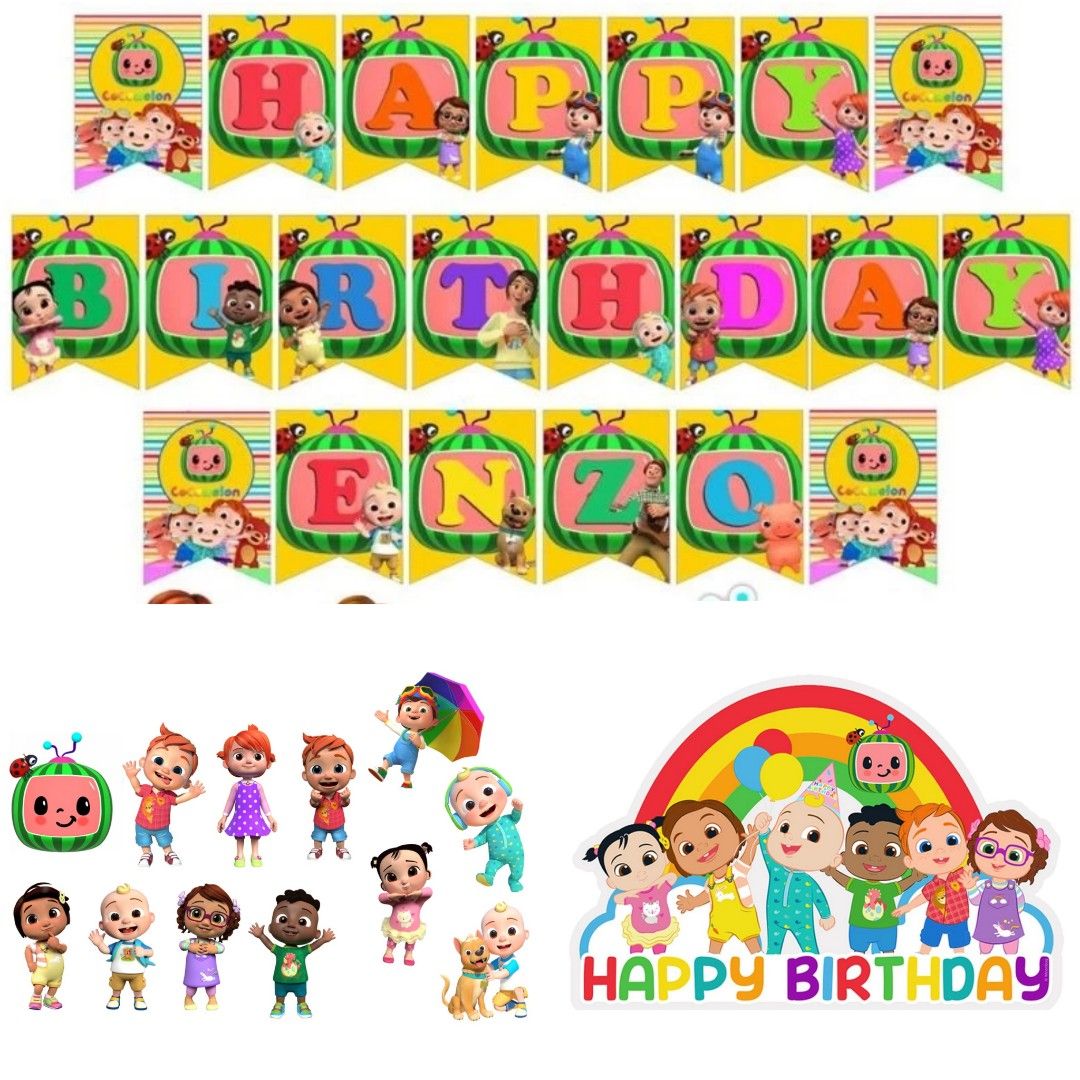 Coco Melon Theme Happy Birthday Party Banner Cupcake Cake Topper ...