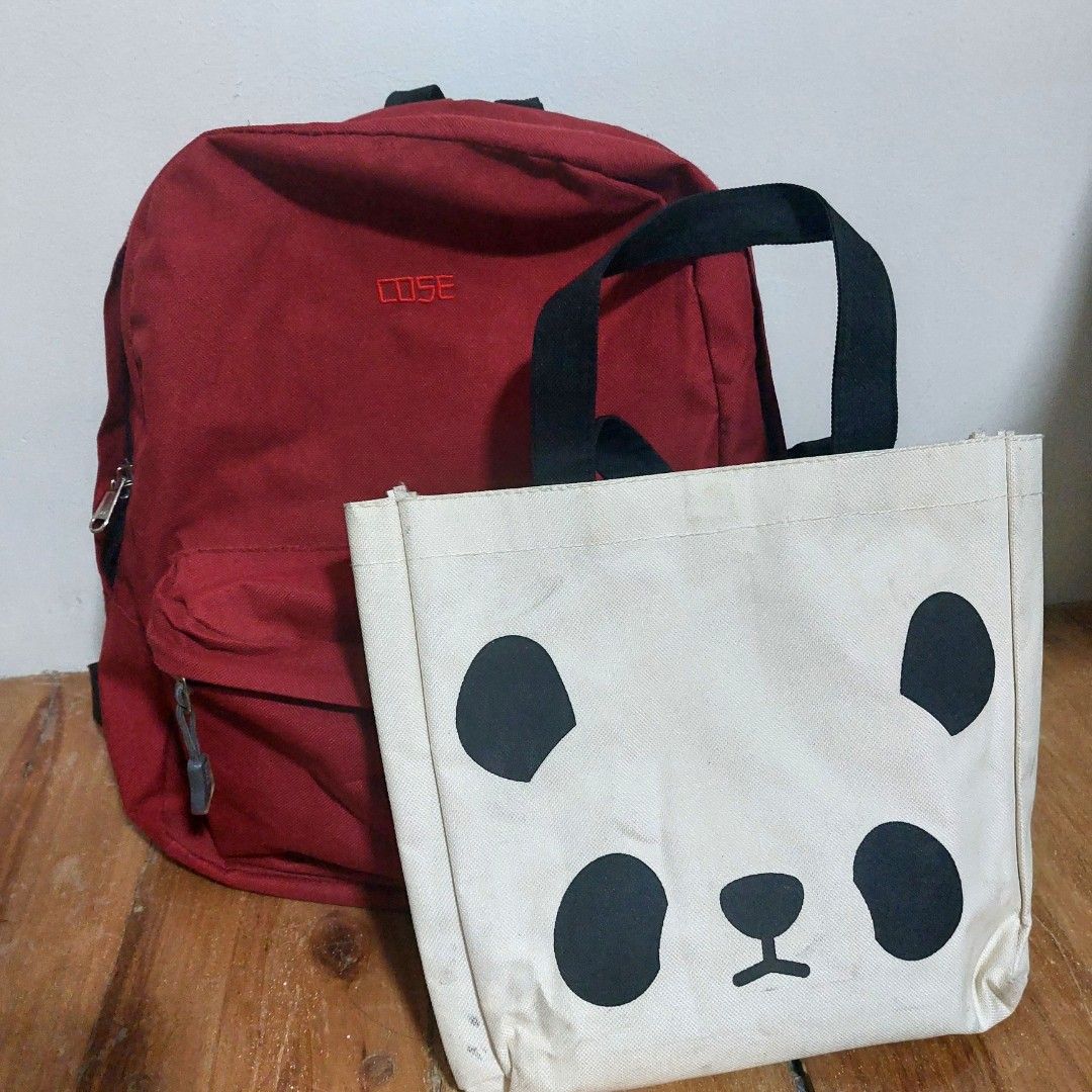 Cose Maroon Backpack with Panda Tote Bag, Women's Fashion, Bags ...