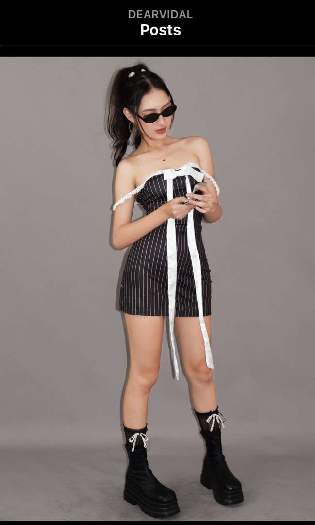 Dear Vidal Off-Shoulder Striped Mini Dress with Bow, Women's Fashion ...