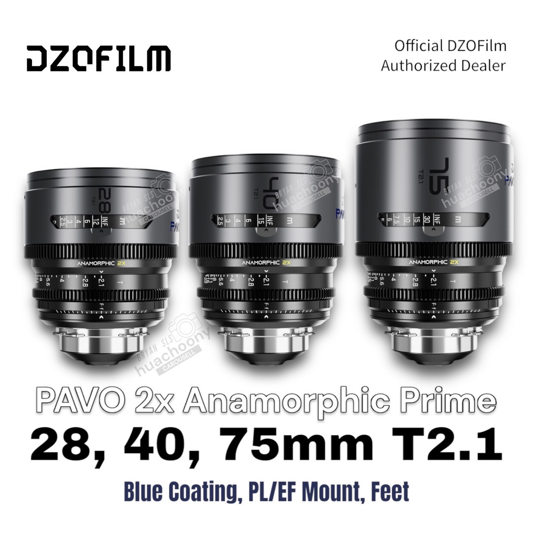 DZOFilm PAVO 2x Anamorphic 28/40/75mm T2.1 3-Lens Set (Blue Coating, PL/EF Mount, Feet ...