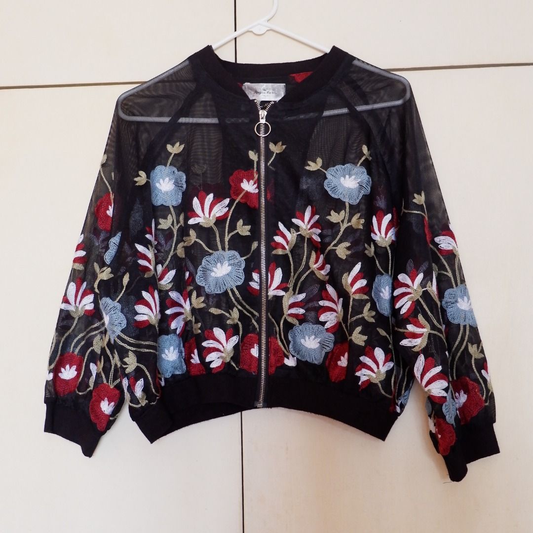 FLORAL MESH BOMBER JACKET // SEE THROUGH, BLACK, Women's Fashion, Coats ...
