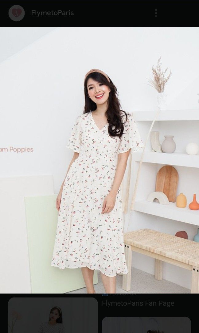 Flymetoparis FMTP Palette Buttons midi dress in cream poppies yellow ...