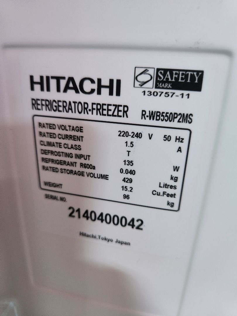 HITACHI Side by Side Fridge 429L R-WB550P2MS, TV & Home Appliances ...