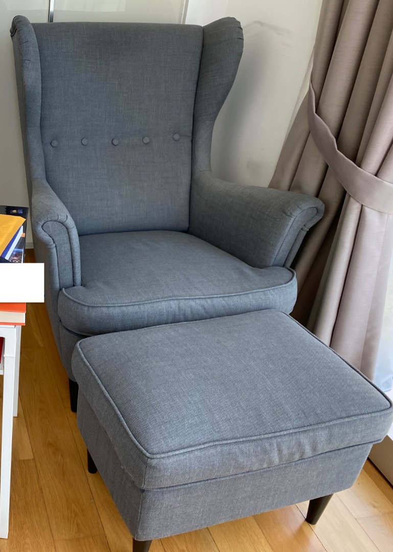Ikea Strandmon Wing Chair + Footstool, arm chair, ottoman, Furniture ...